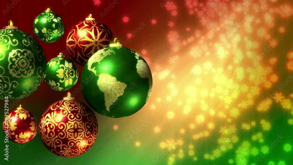 Christmas background with the Earth as a rotating Xmas ball. Red, green ...