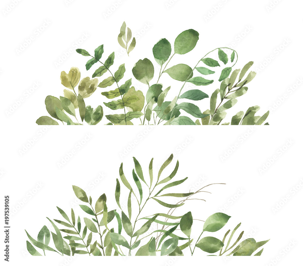 Leafy Leaf. Green watercolor flowers and florals border Stock ...