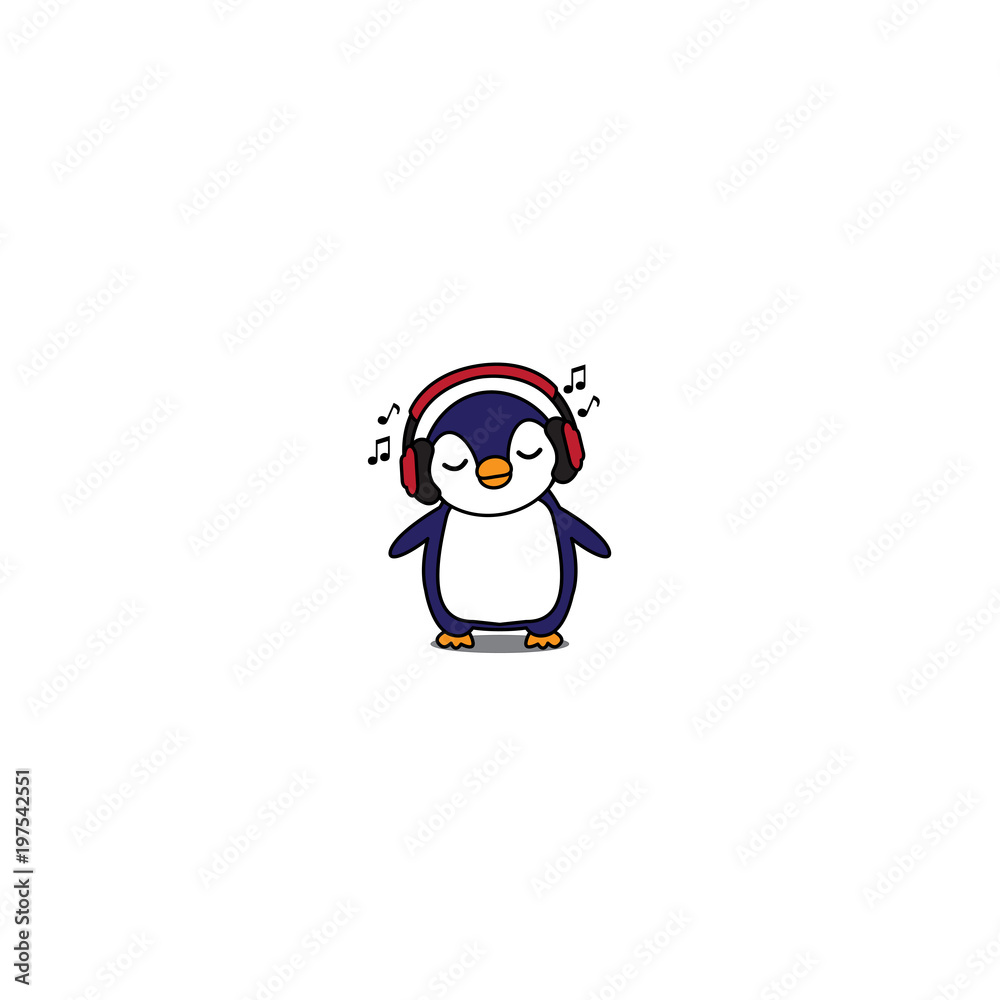 Cute penguin cartoon with red headphones, baby penguin listening music ...
