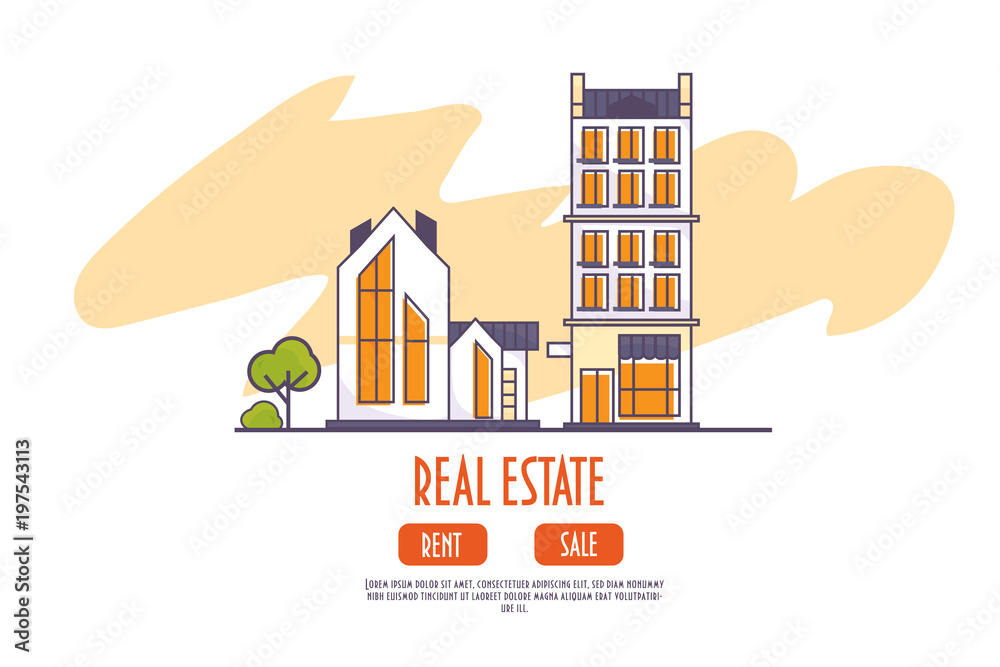 Vector illustration for real estate business: line art styled buildings ...