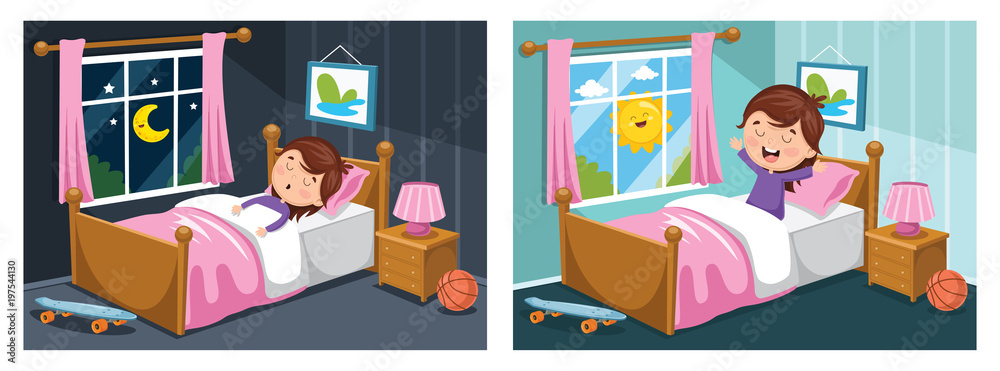 Vector Illustration Of Kid Sleeping And Waking Up Stock Vector | Adobe ...