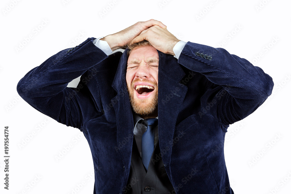 the guy in the blue suit was embarrassed, raised his hands up, covered ...