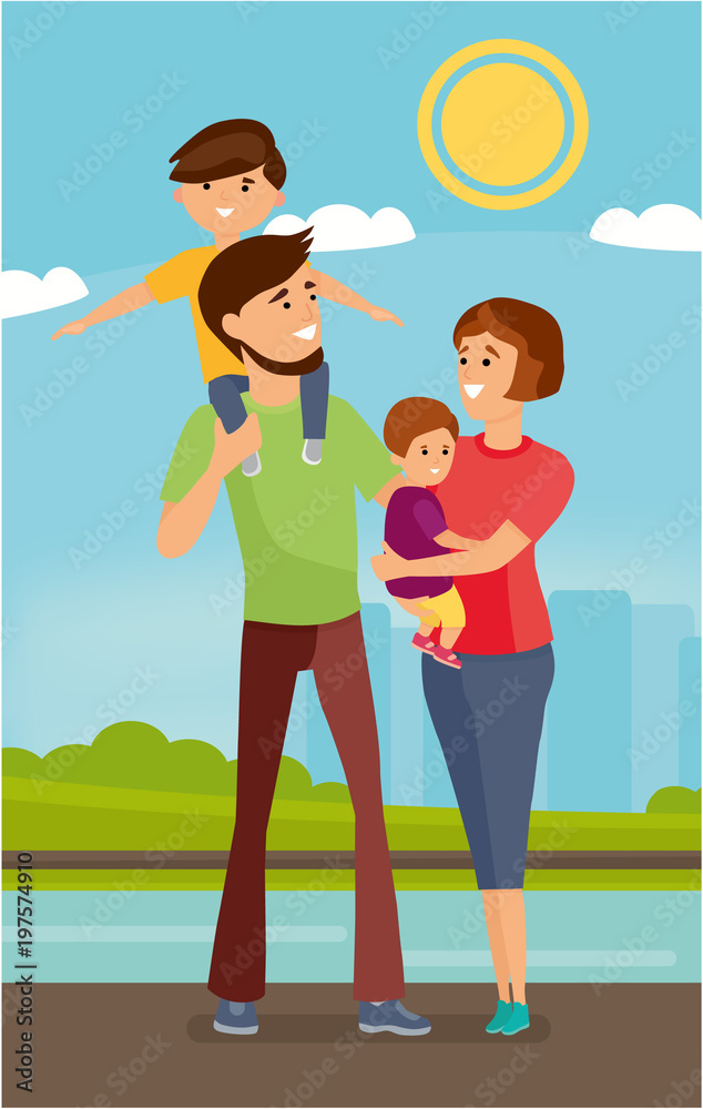 Young happy family having fun together outdoor. Parents and kids look ...