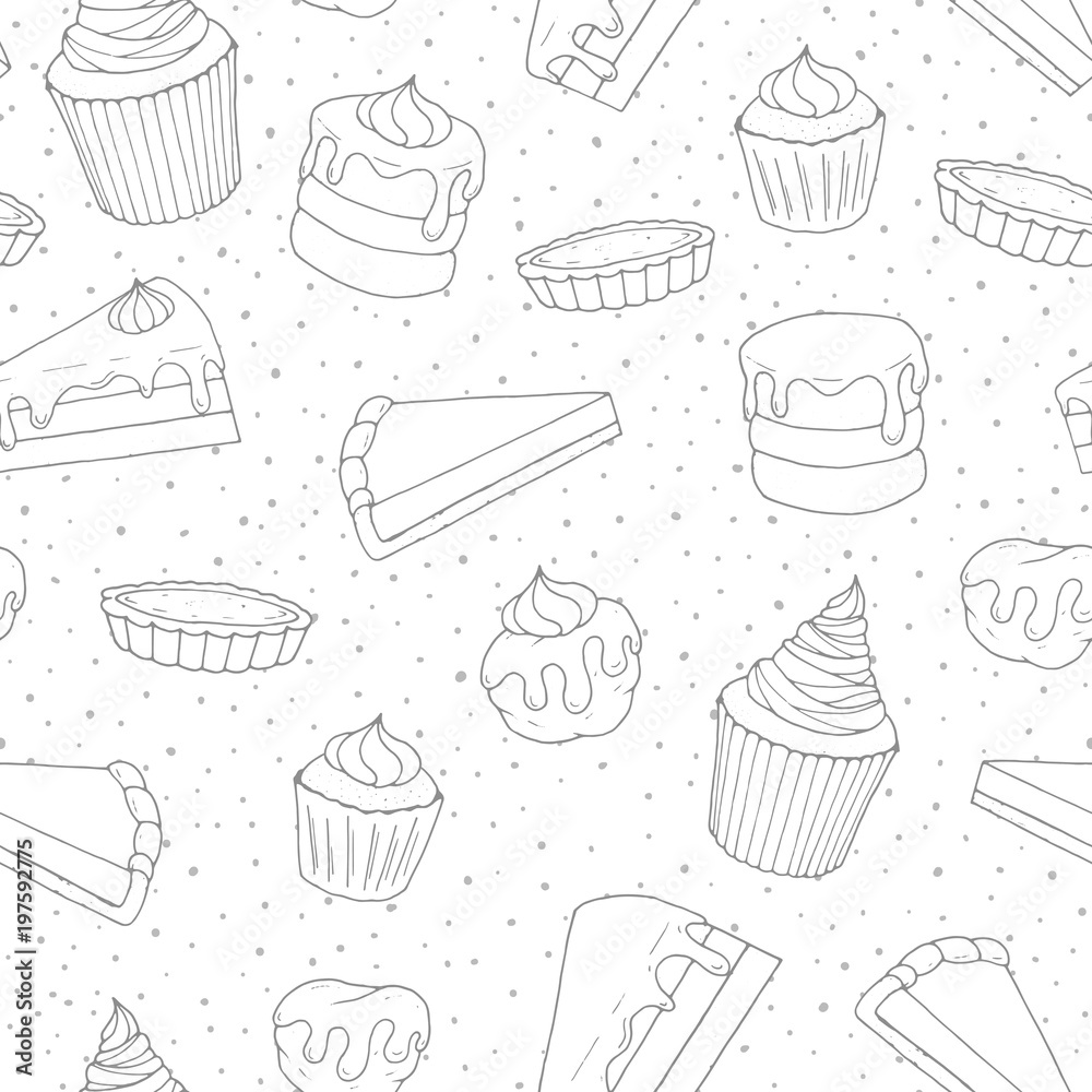Hand drawn vector pastry seamless pattern with cakes, pies, muffins and ...