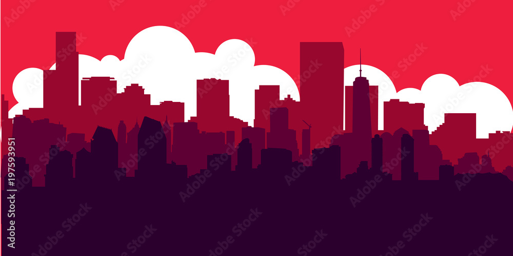 Red Sunset City Skyline Vector Illustration Stock Vector | Adobe Stock