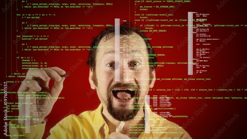 Source code (assembler instructions) scrolling over a scene: a funny ...