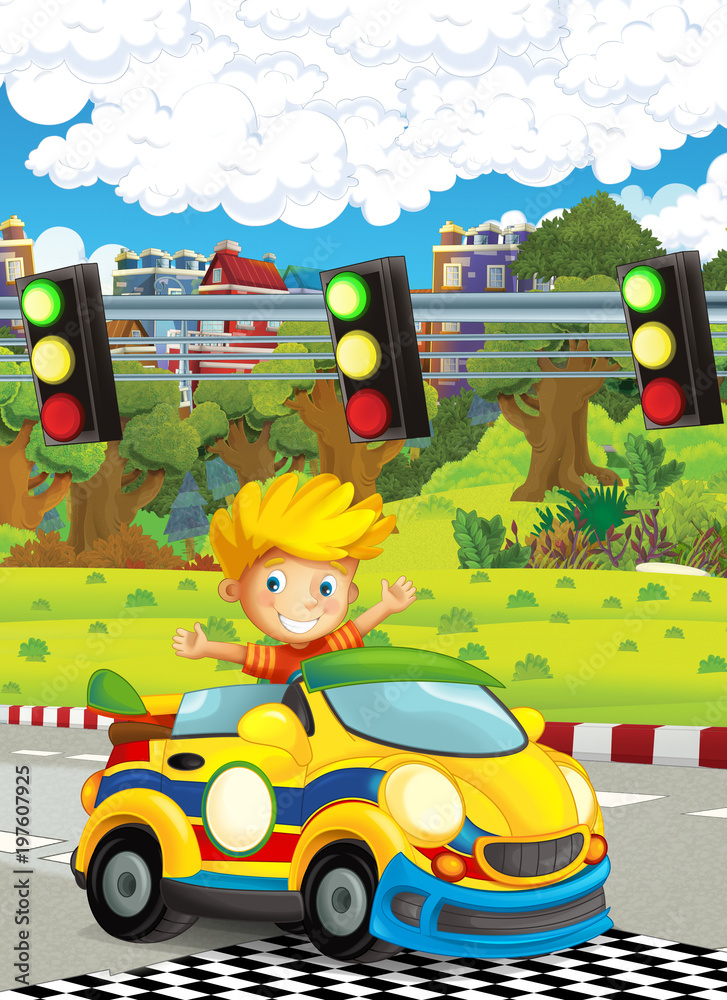 cartoon funny and happy looking child - boy in racing car on race track ...