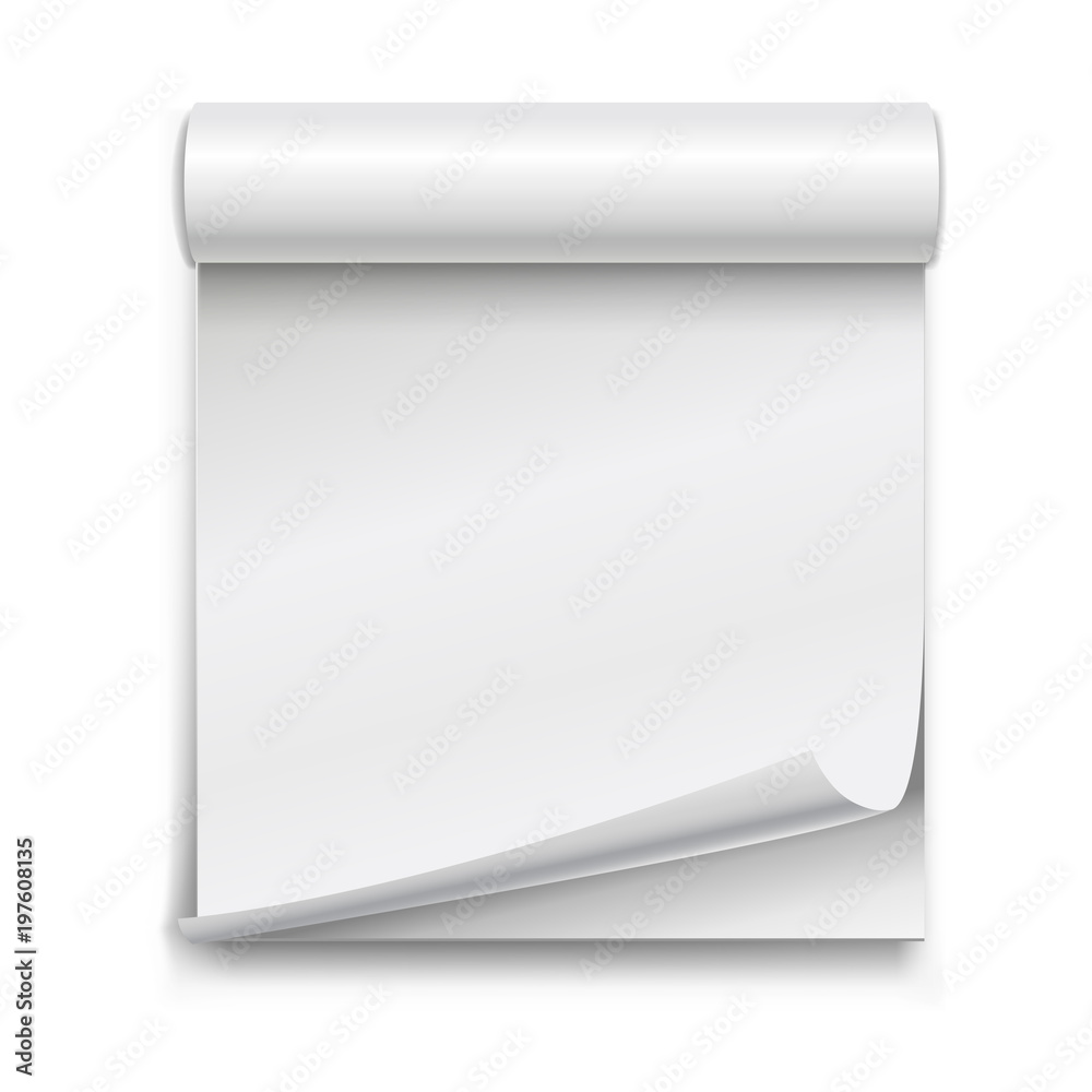 Open blank album or magazine with curled corner and soft shadow ...