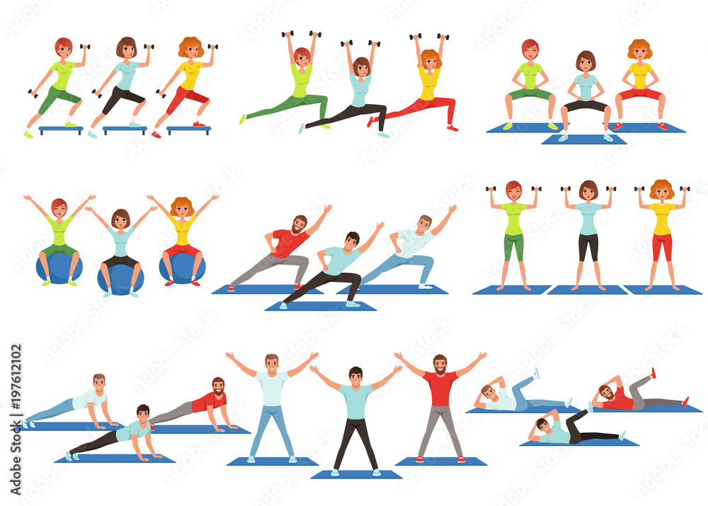 Set of people working out in gym. Young girls and guys doing exercises ...