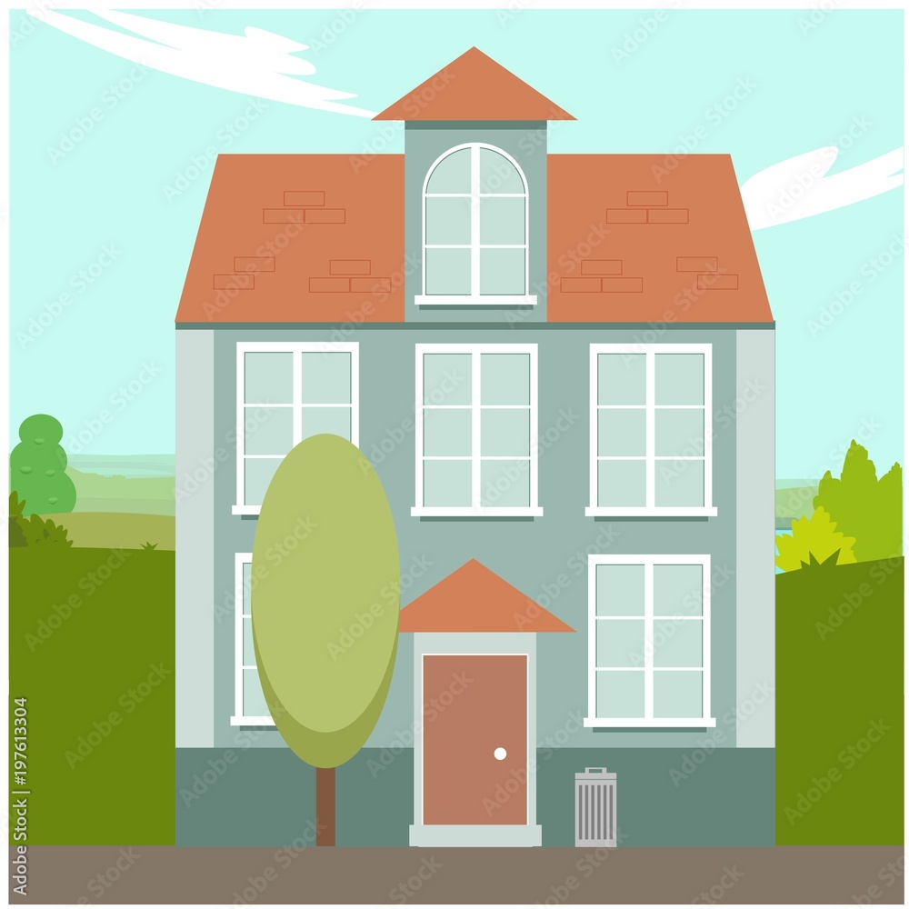 Cartoon residential house with beautiful nature background Stock Vector ...