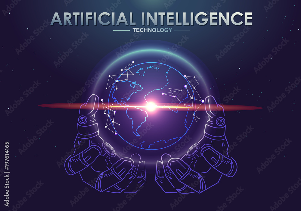 AI(Artificial Intelligence) concept. Robotic hand holding world, vivid ...