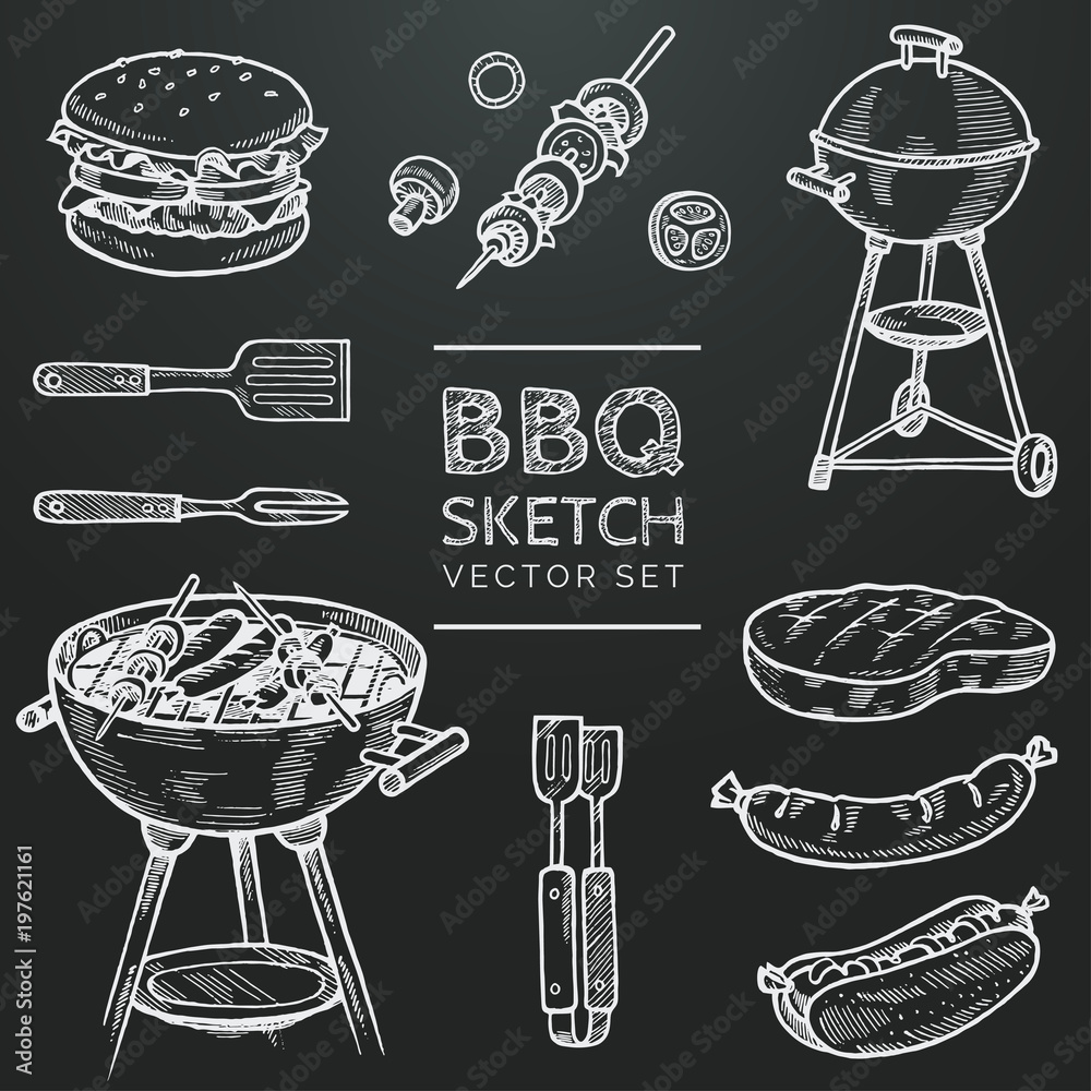 Barbecue vector chalk sketch set. Hand drawn grill, hamburger, skewer ...