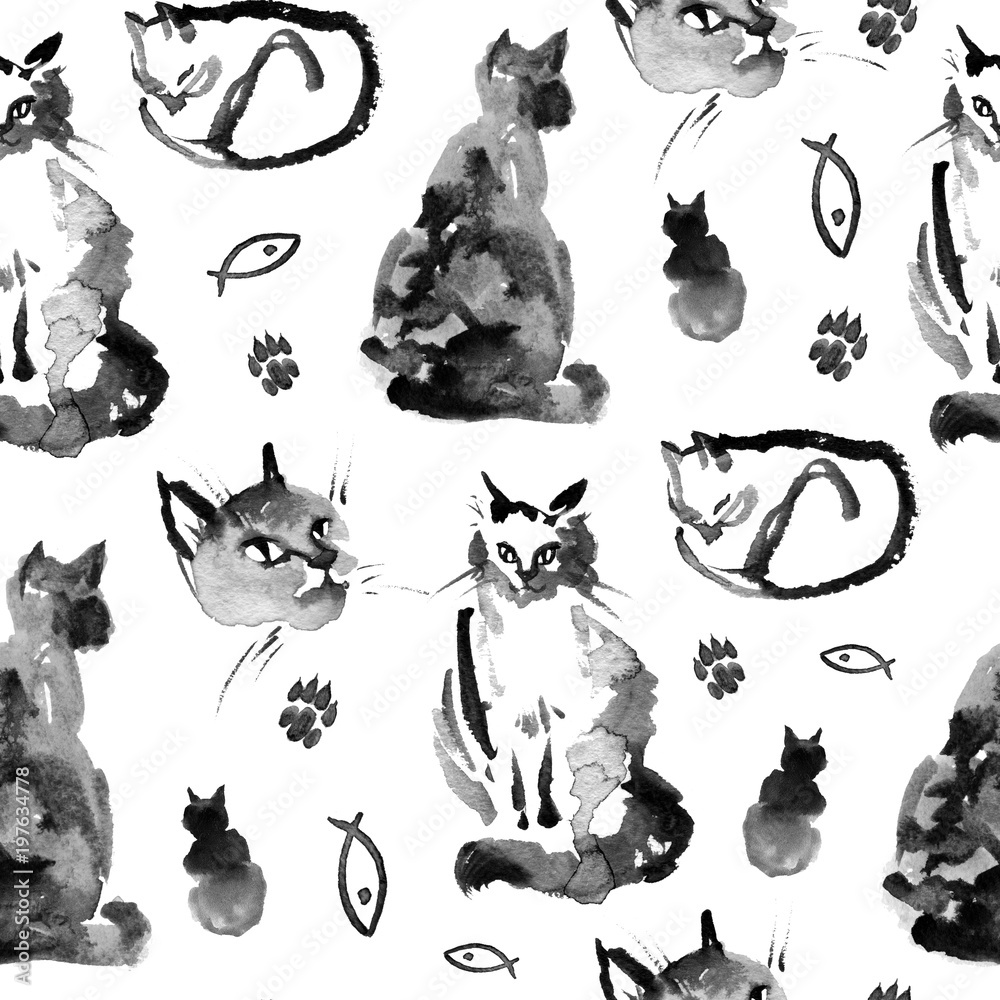 Wet to wet watercolor seamless pattern of the fluffy siberian cat on ...