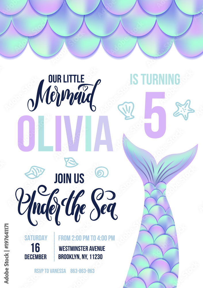 Mermaid Birthday party invitation card. Holographic fish scales and ...