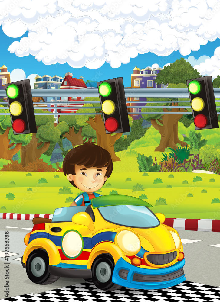 cartoon funny and happy looking asian child - boy in racing car on race ...