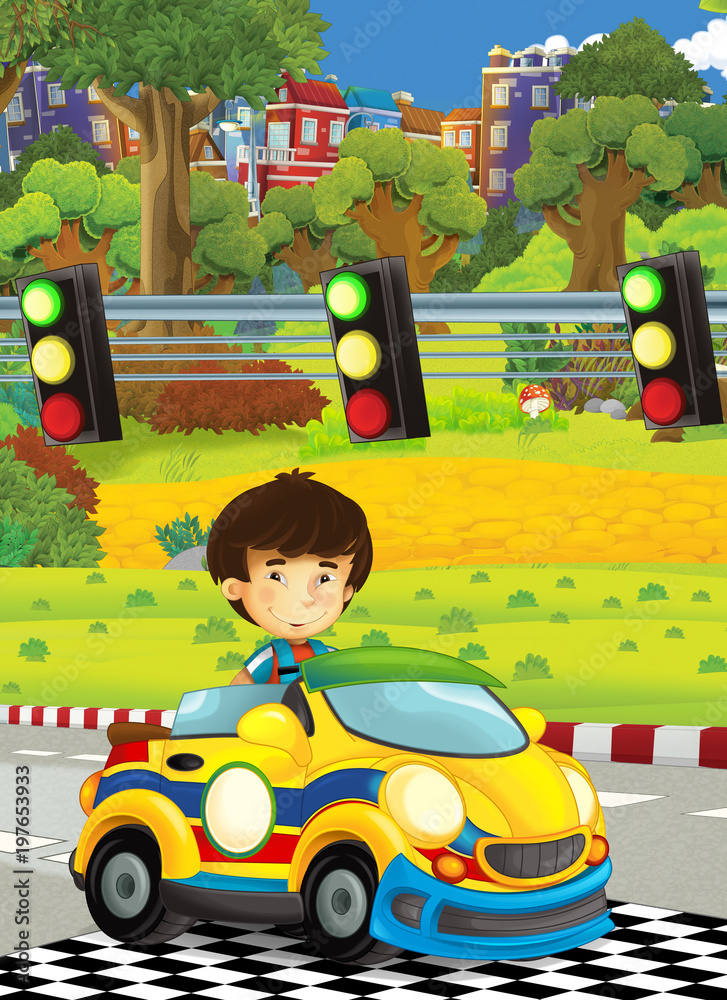 cartoon funny and happy looking asian child - boy in racing car on race ...