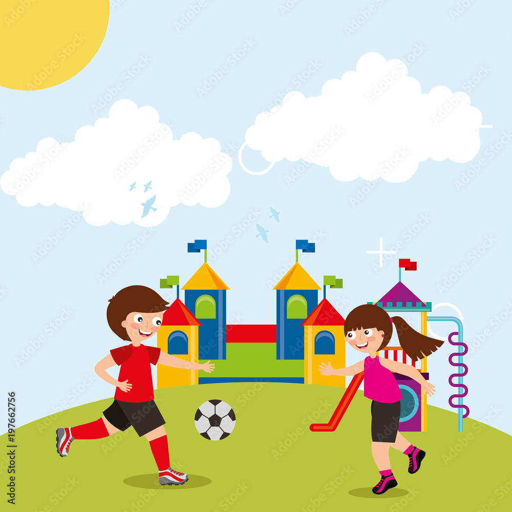 Kids Playing Football In The Park Cartoon