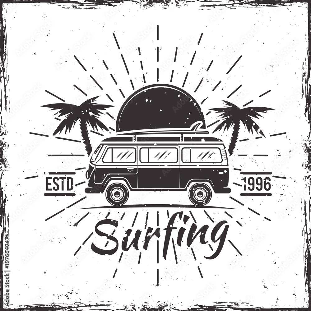 Surfing bus with palms black vectorvintage emblem Stock Vector | Adobe ...