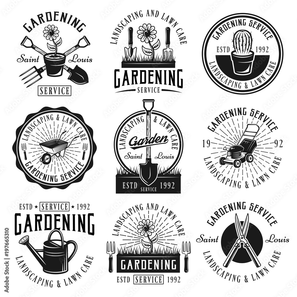 Gardening service set of emblems, badges, labels Stock Vector | Adobe Stock