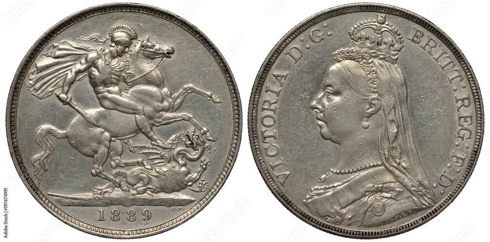 Great Britain British coin 1 one crown 1889, Saint George on horse ...