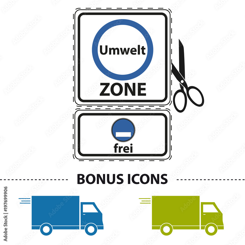 Umweltzone Schild Plakette Blau - Vector Aufkleber mit Schere und ...