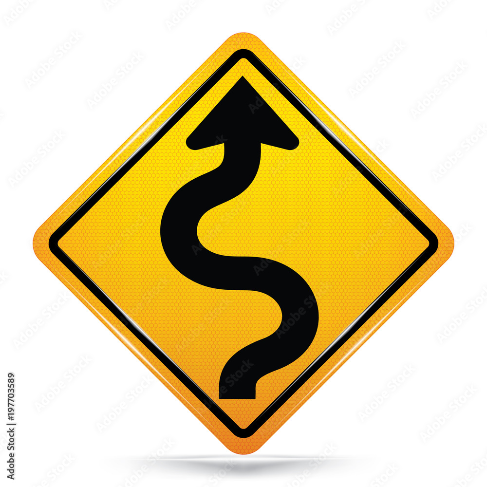 International Left Winding Road Symbol,Yellow Warning icon on white ...