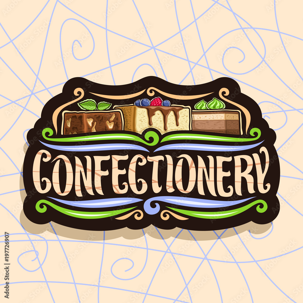 Vector logo for Confectionery, black signboard with chocolate brownie ...