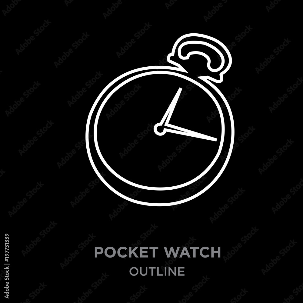 white border pocket watch outline on black background, vector ...
