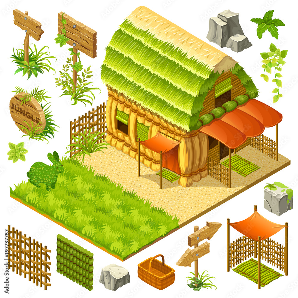 Set 3d isometric straw cottage with wicker fence and elements for the ...