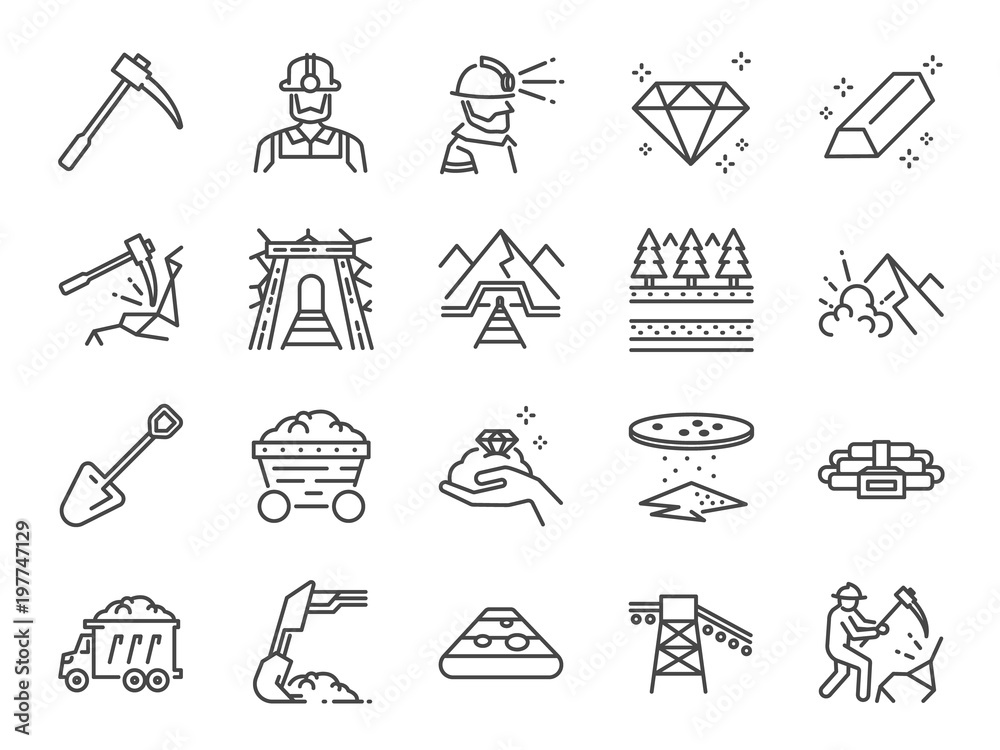 Vetor de Mine icon set. Included the icons as mining, worker, labor ...