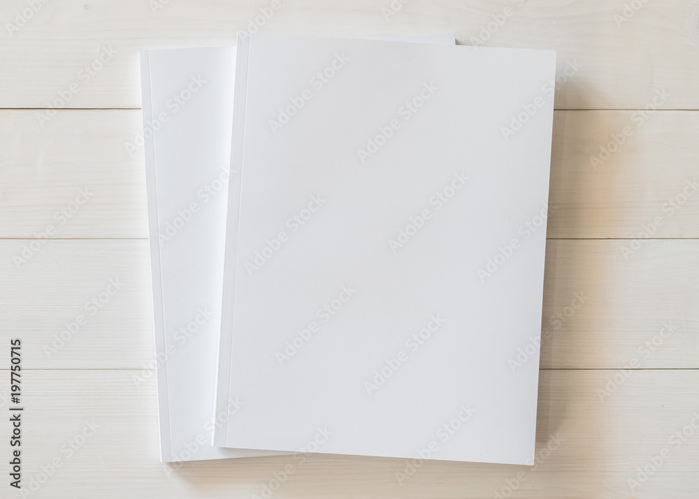 Blank book cover template with page in front side standing on white ...