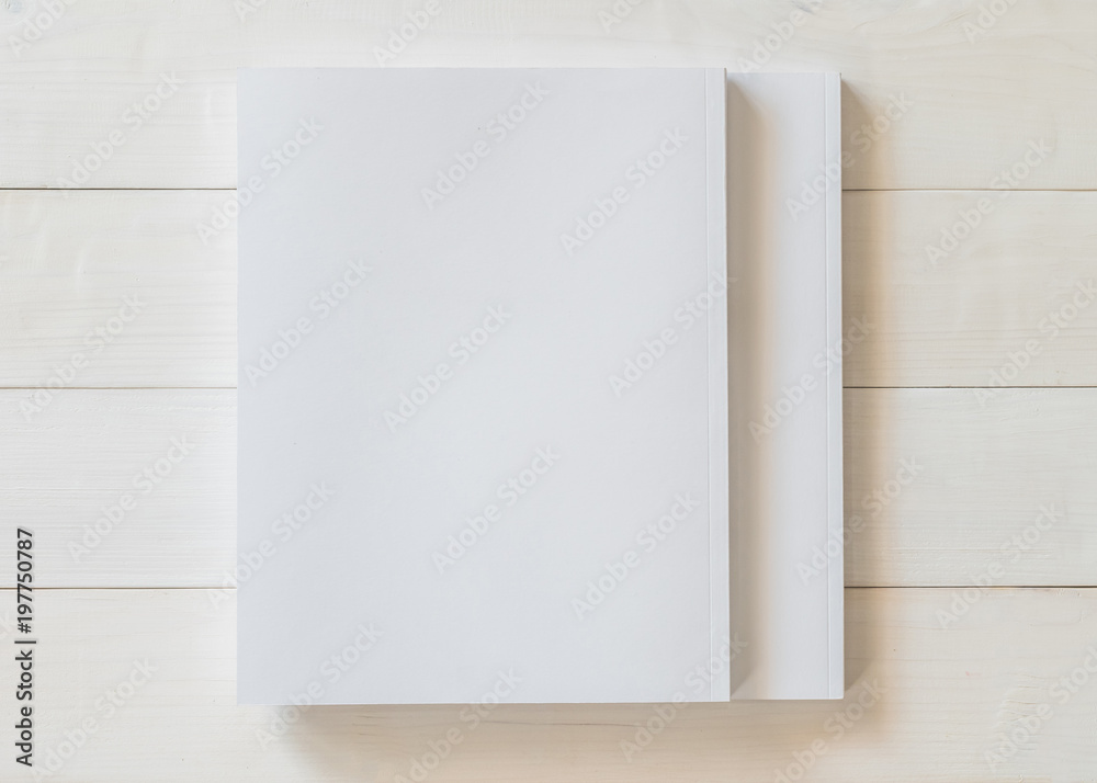 Blank book cover template with page in front side standing on white ...