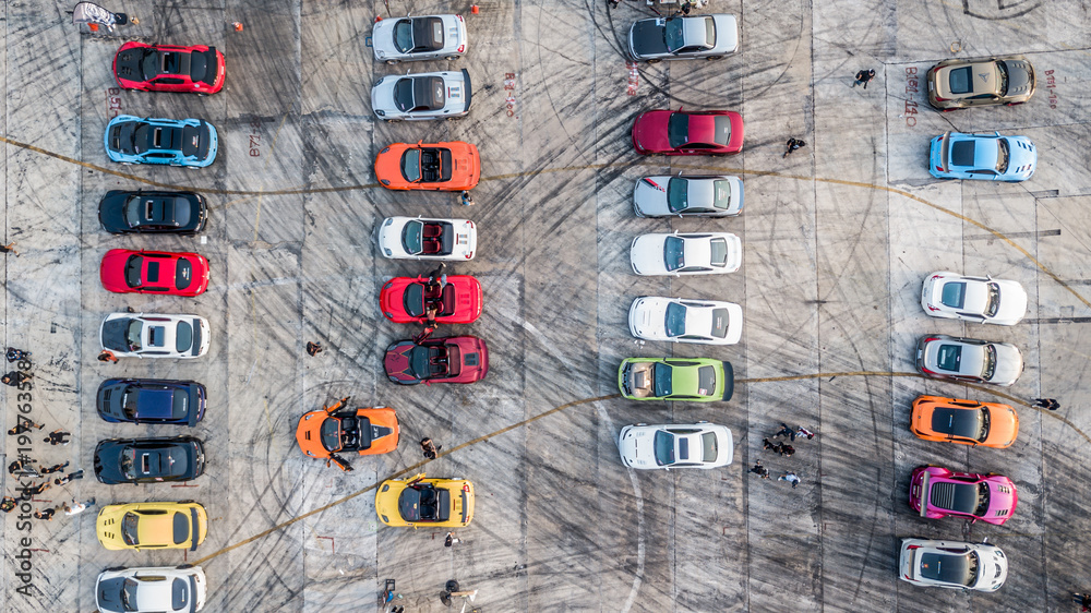 Top view super car on asphalt road, Aerial view super car show. Stock ...