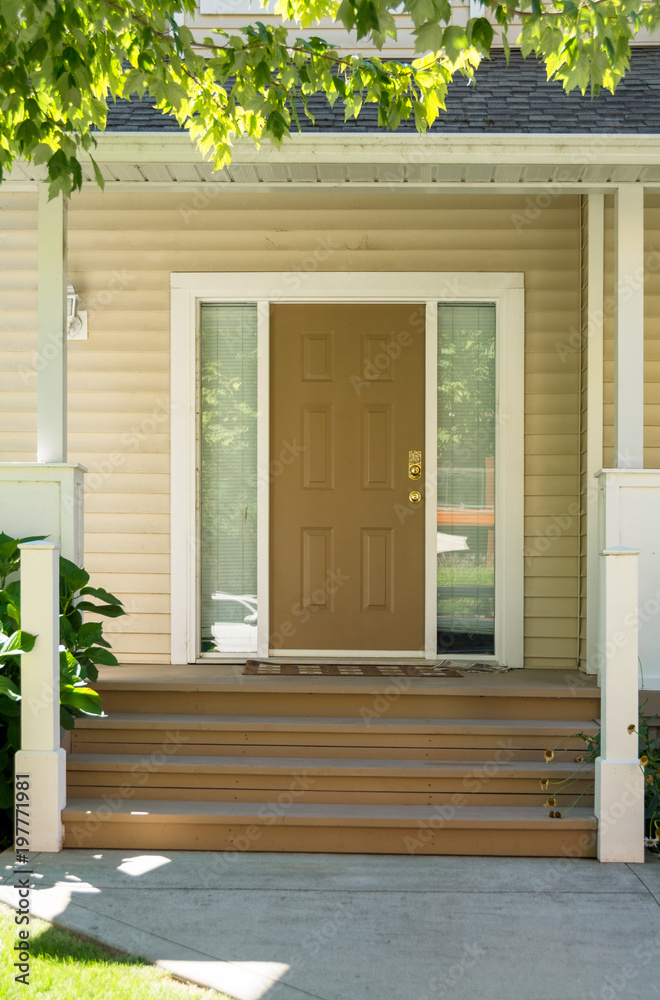 Door steps and concrete pathway leading to residential house main ...