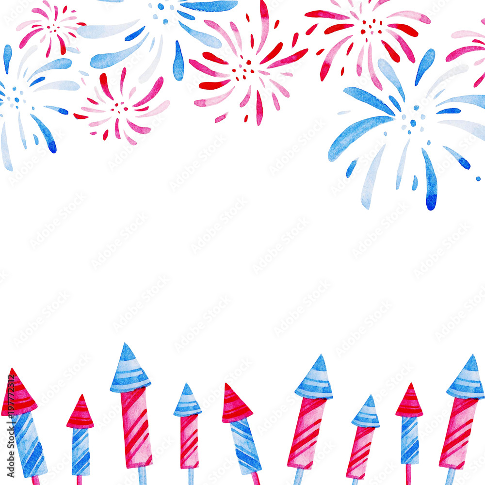 Fireworks festival Frame. Watercolor illustration for holidays, 4th of ...