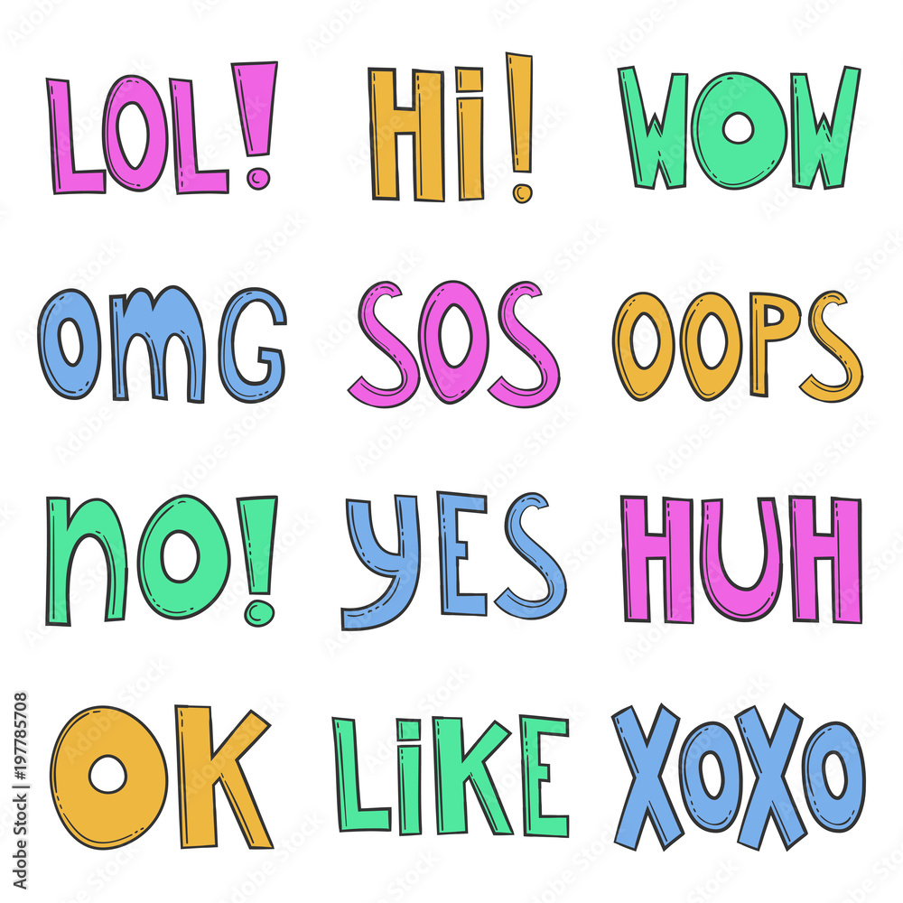 Hand drawn set, doodle text words - lol, hi, wow, omg, sos, oops, no ...