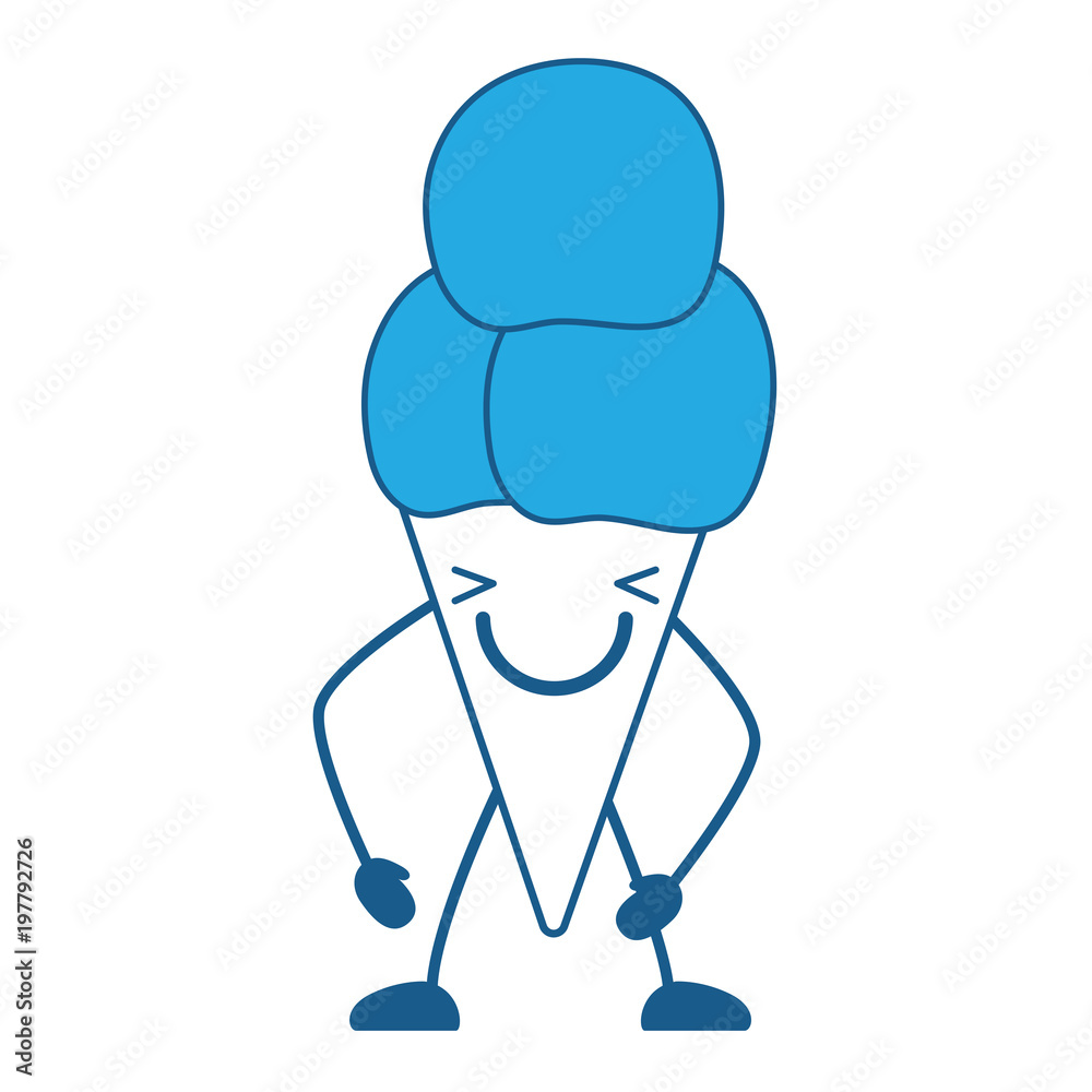 kawaii excited ice cream cone over white background, blue shading ...