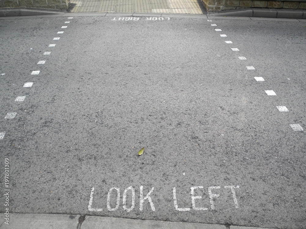 Gibraltar look left and look right painted road signs on pedestrian ...