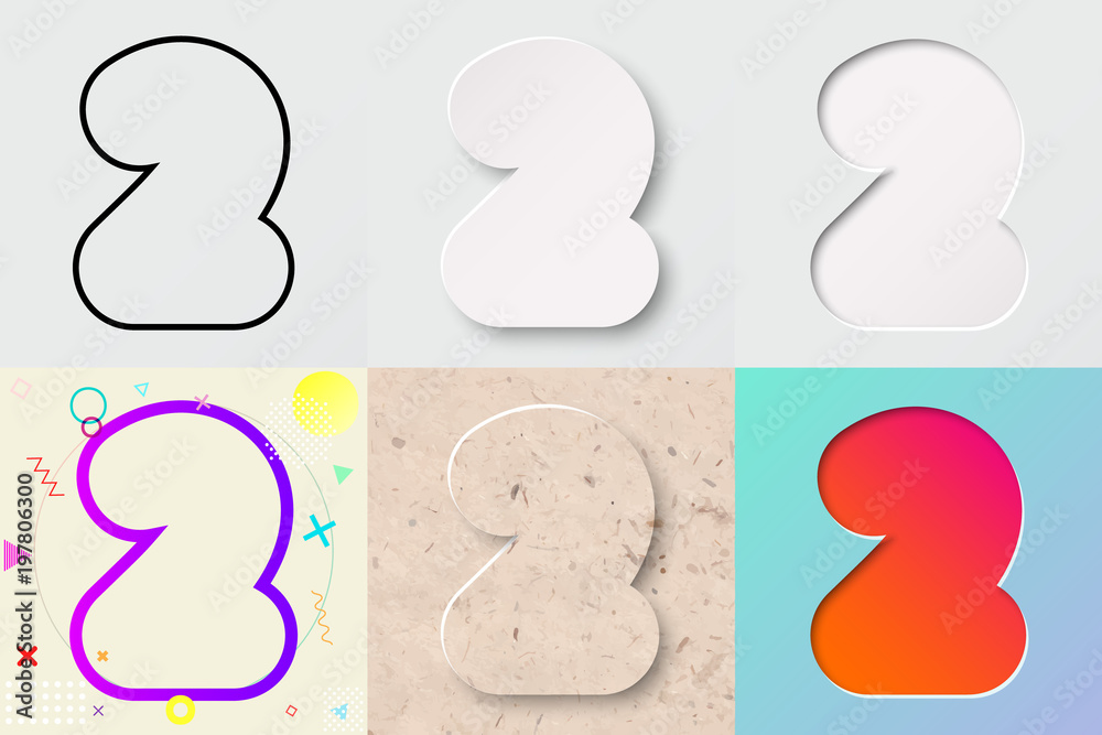 vector illustration set of cute bold rounded number two lettering with ...