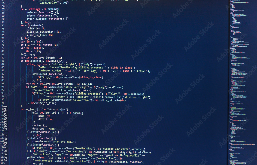 JavaScript code in text editor. Website design. Abstract screen of ...