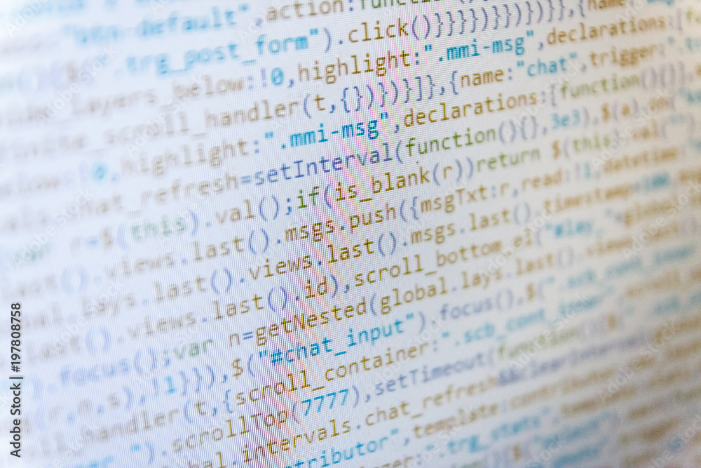 Programming code typing. Digital binary data on computer screen. Modern web network and internet ...