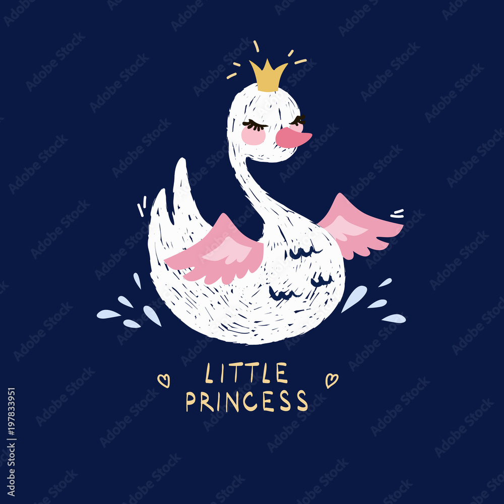 Cute little princess swan on dark background. Cartoon hand drawn vector ...