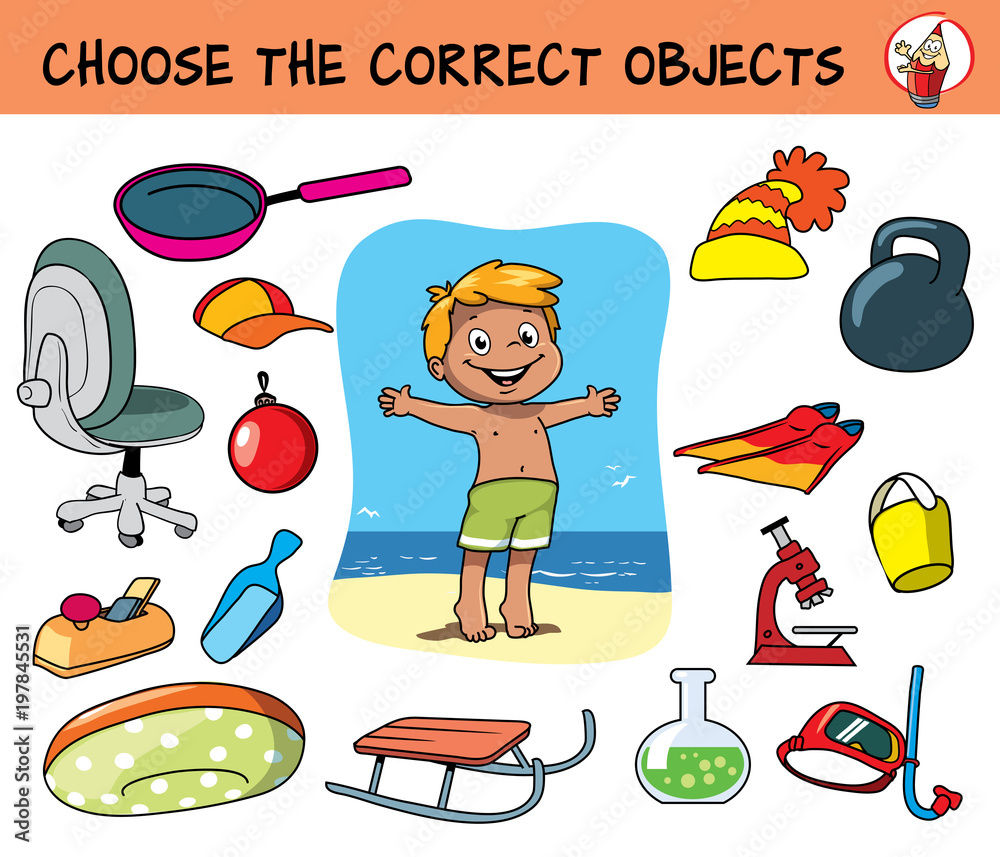Vetor de Choose the correct objects for beach holidays. Educational ...