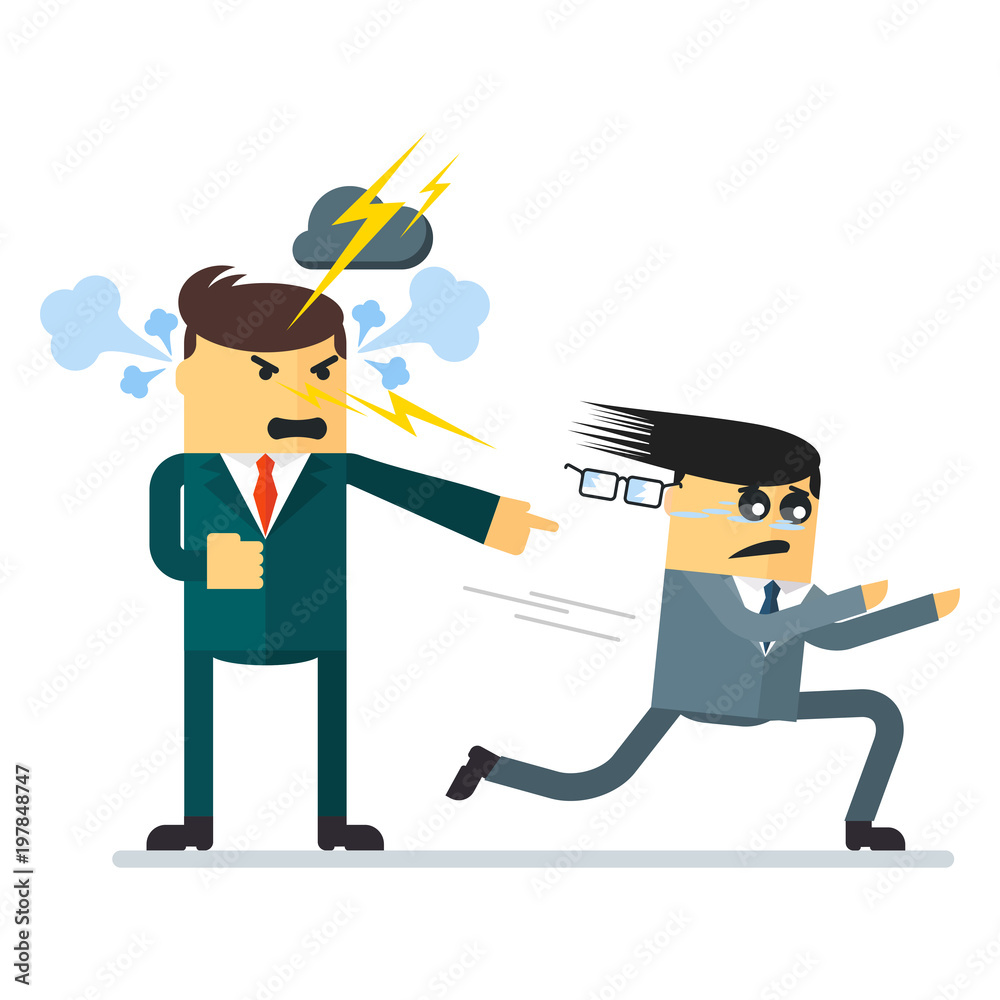 Quarrel, conflict in office. Scandal between boss and subordinate. Flat ...