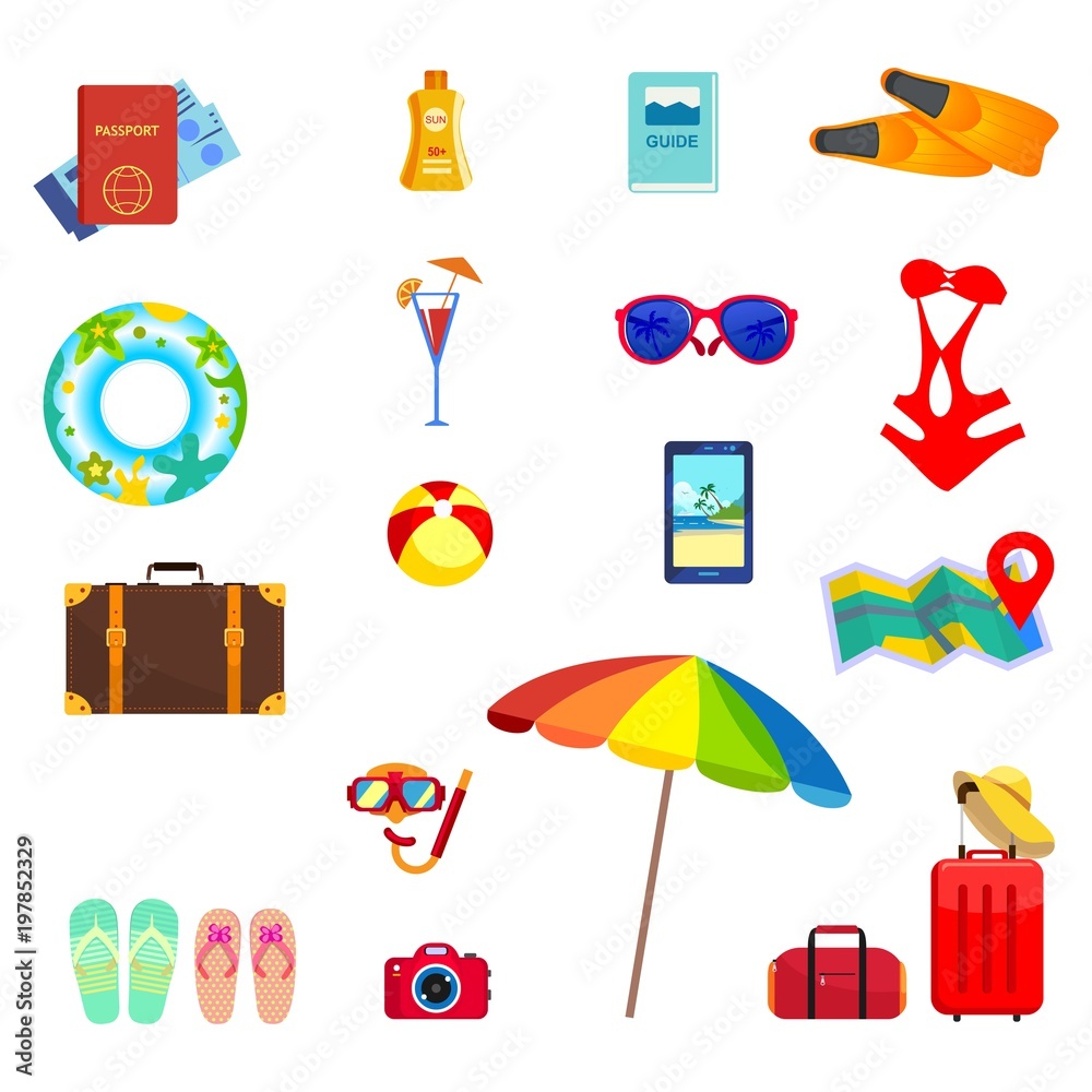 summer object icons set, holiday, sea, beach Stock Vector | Adobe Stock