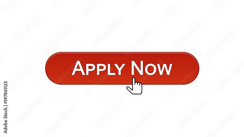 Apply now web interface button clicked mouse cursor, wine red color, employment Stock ...