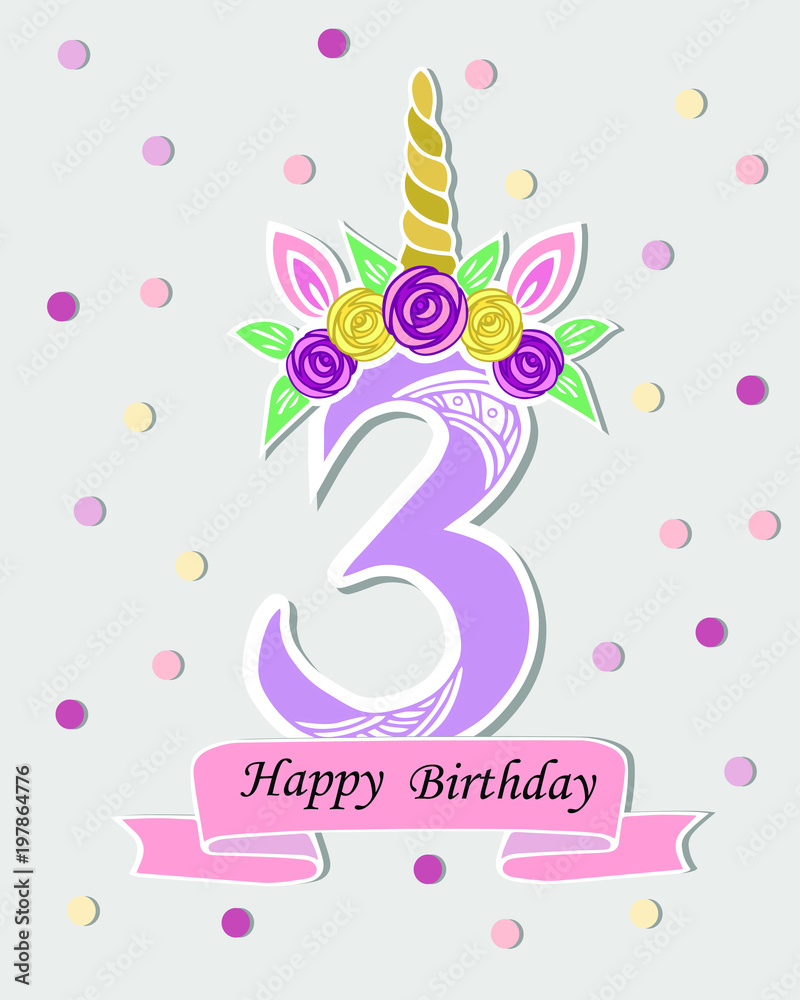 Vector illustration with number Three, Unicorn Horn, ears and flower ...