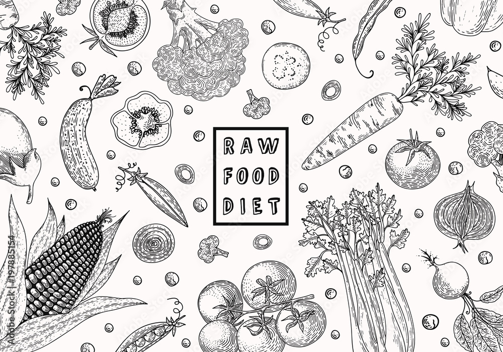 Vetor de Organic food design template. Fresh vegetables. Hand drawn ...