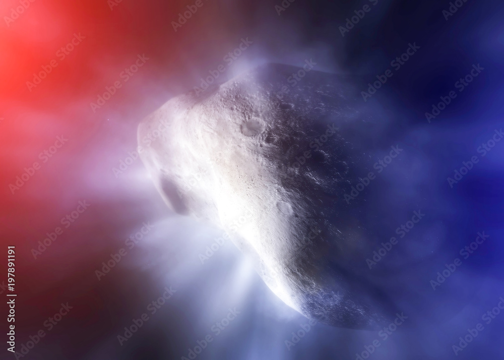 Abstract cosmic background with falling meteorite. Moving comet in the ...