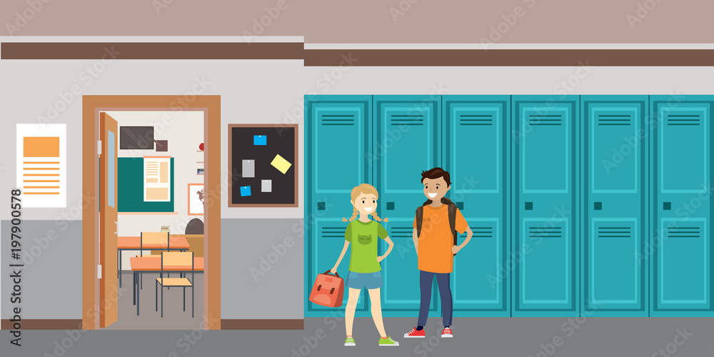 Cartoon School interior,caucasian schoolboy and schoolgirl with bags ...